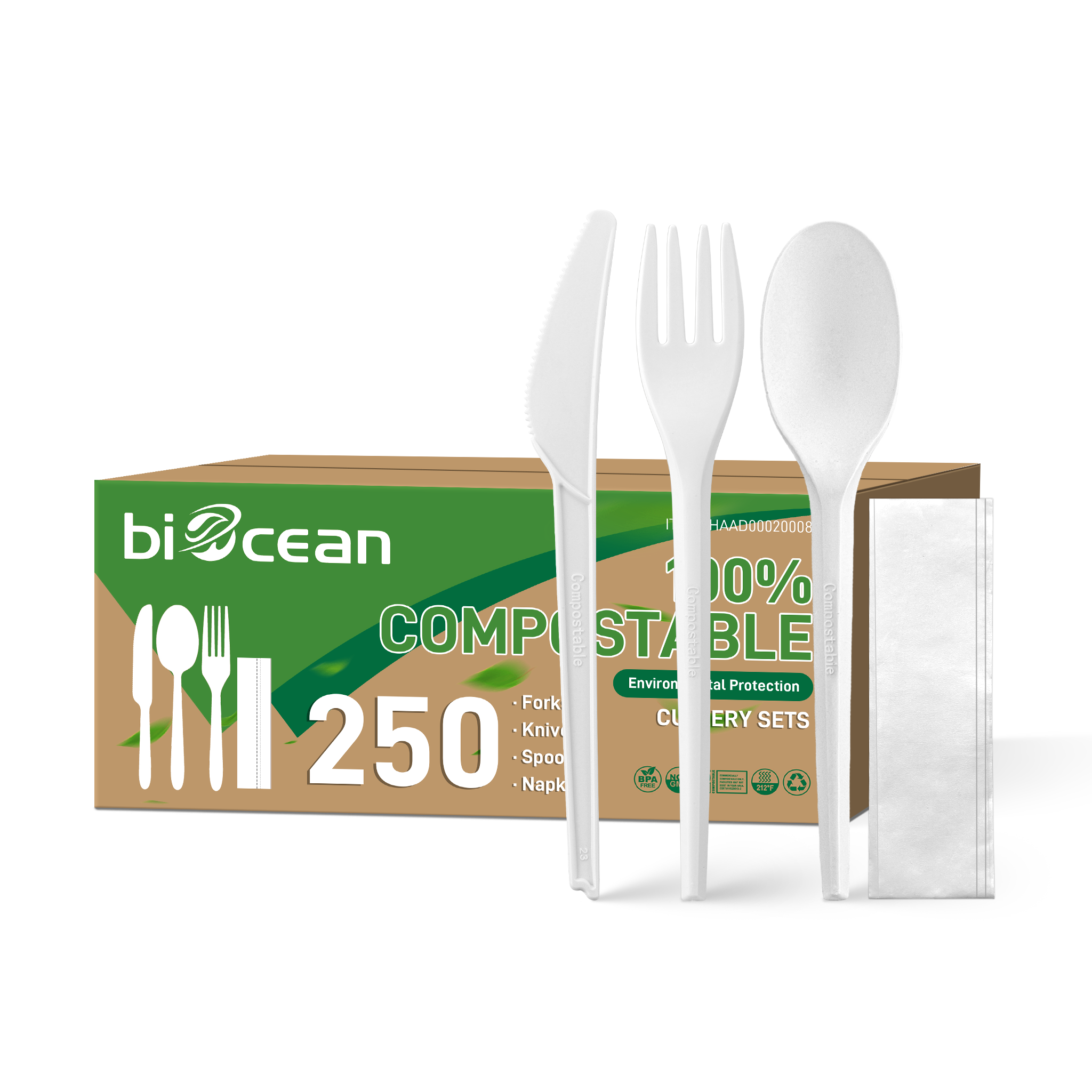 [250ct] PLA Heavy Weight Cutlery Kits (Knife, Fork,Tea Spoon,Napkin ...